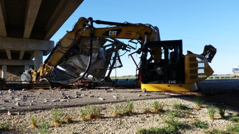 Bridge damaged by CAT 314E excavator on trailer in Reno County, Kansas ...