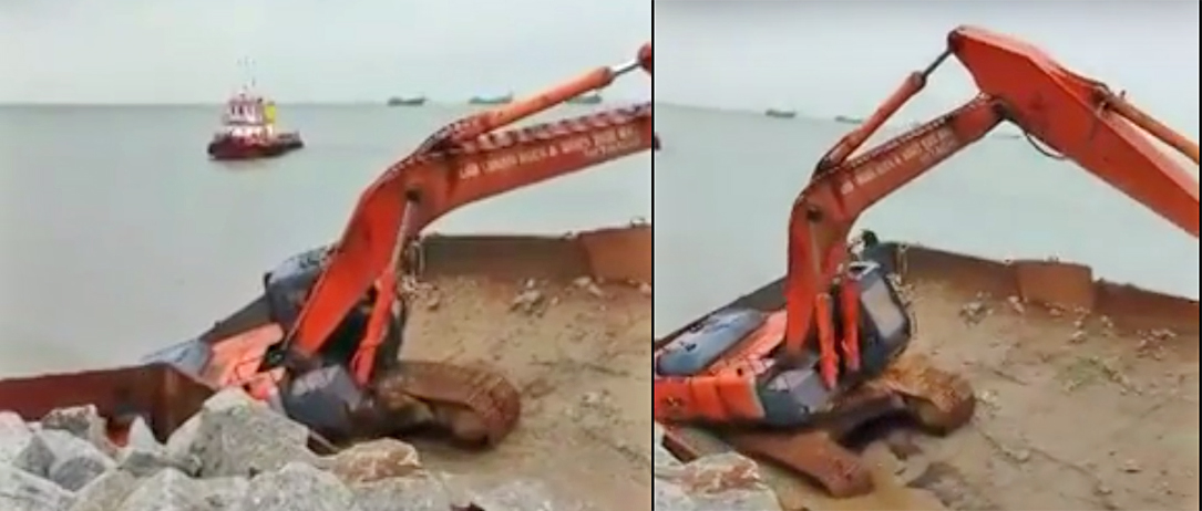Dramatic Footage of Excavator overtuning with Operator on barge in ...