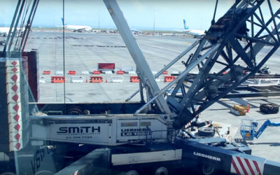 Overview of Smith Crane & Construction's Liebherr LG 1550 lattice boom mobile crane ...
